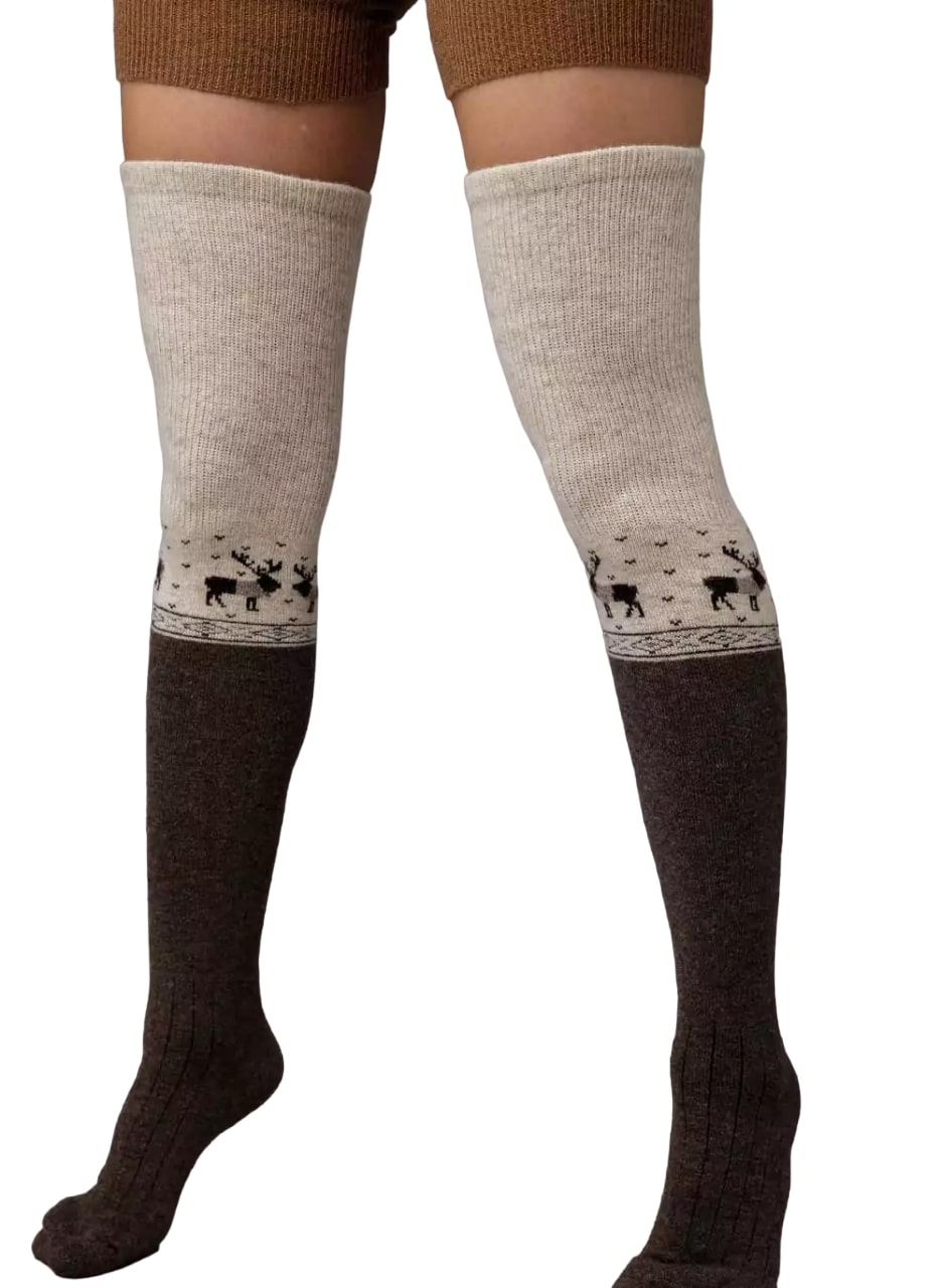 100% Sheep Wool Thigh High Socks with Deer | Mongulai